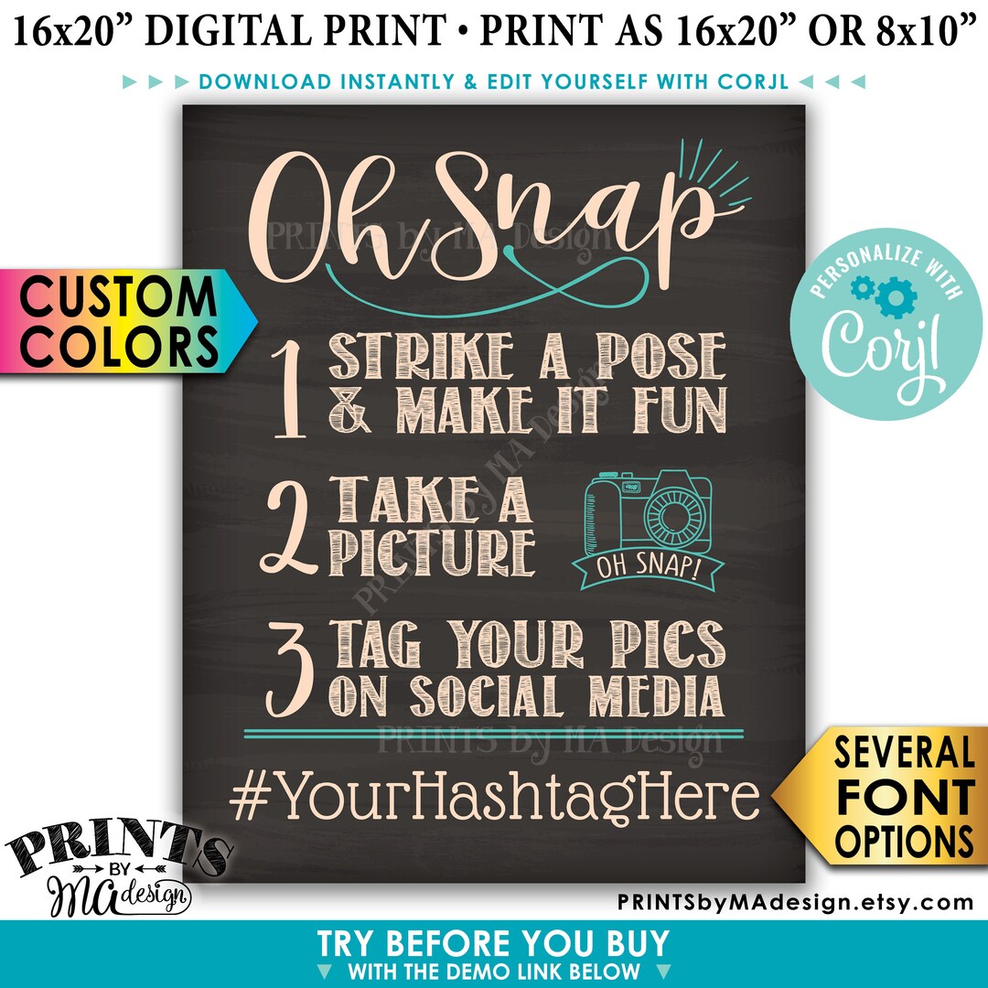 Oh Snap Hashtag Sign, Share Photos on Social Media, PRINTABLE 8x10 ...
