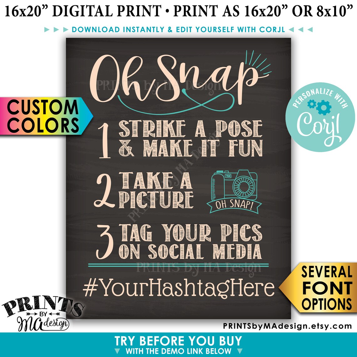Oh Snap Hashtag Sign Share Photos on Social Media PRINTABLE - Etsy
