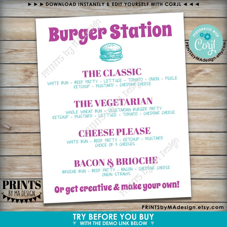 Editable Burger Sign Custom Burger Bar Menu Build Yourself a - Etsy
