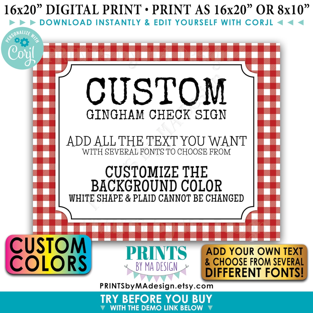 Editable Gingham Check Sign, Choose Your Text, Custom Color Plaid ...