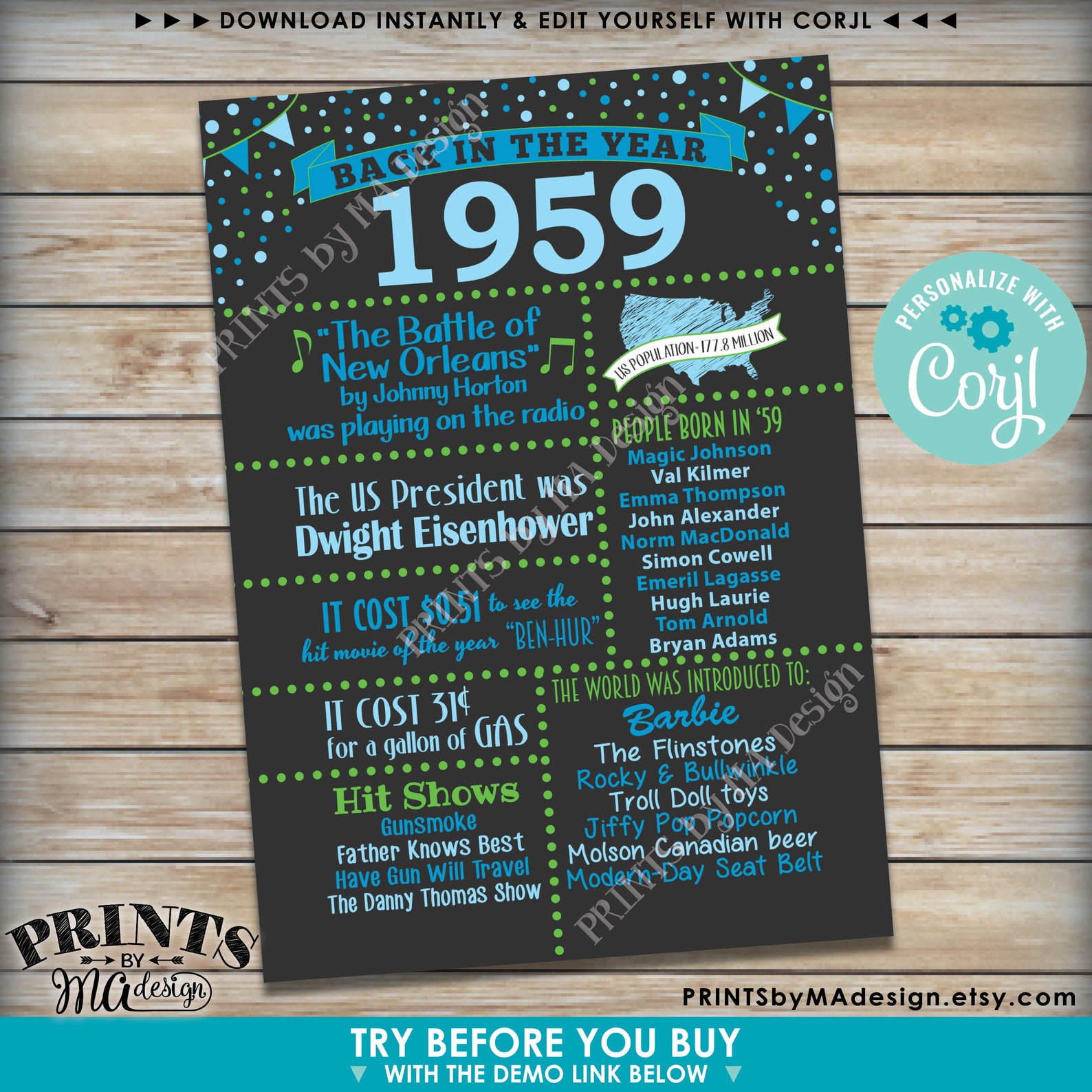 Back in 1959 Flashback Card or Sign Remember 1959 Birthday | Etsy
