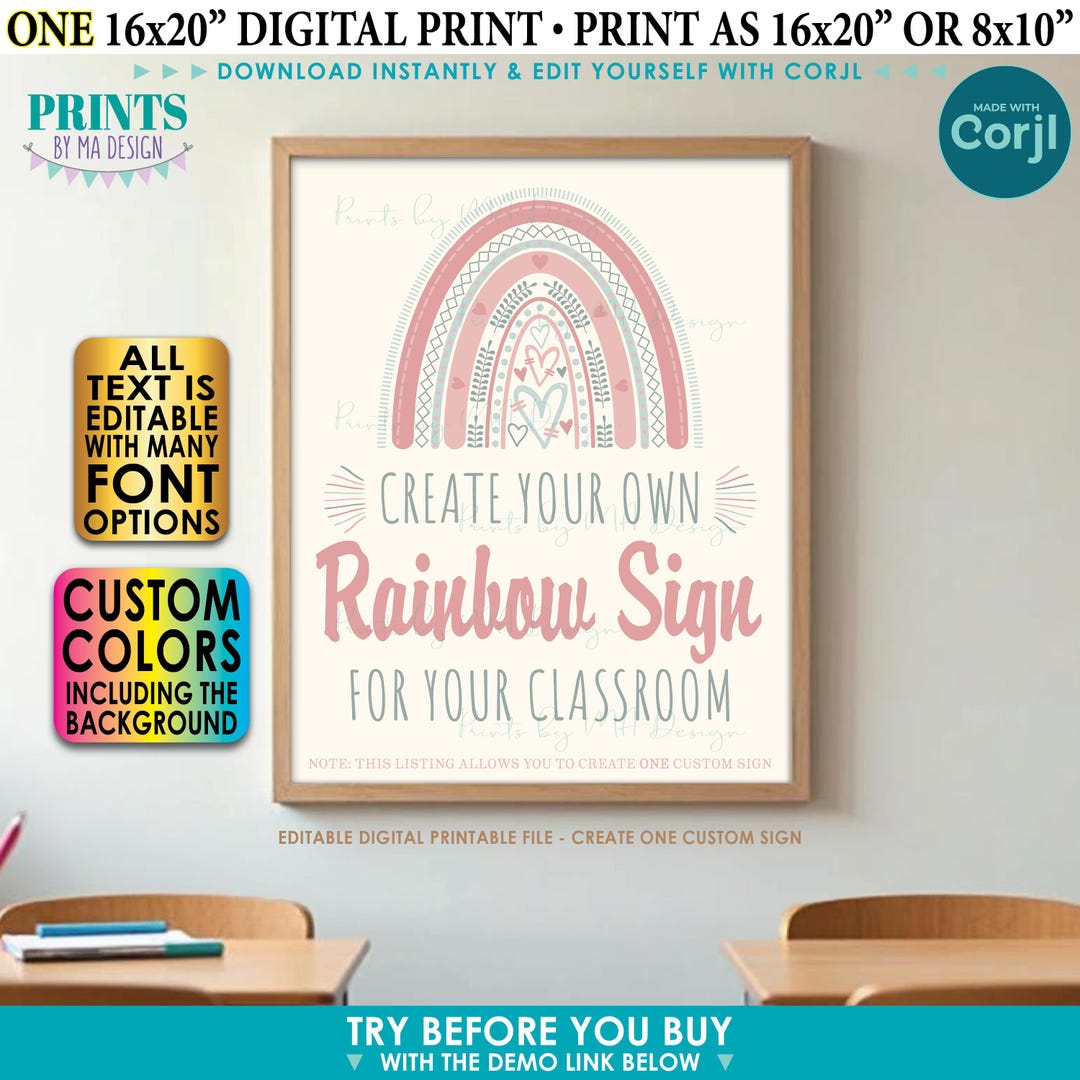 Editable Rainbow Sign for Classroom, Choose Text, Teacher Boho Decor ...