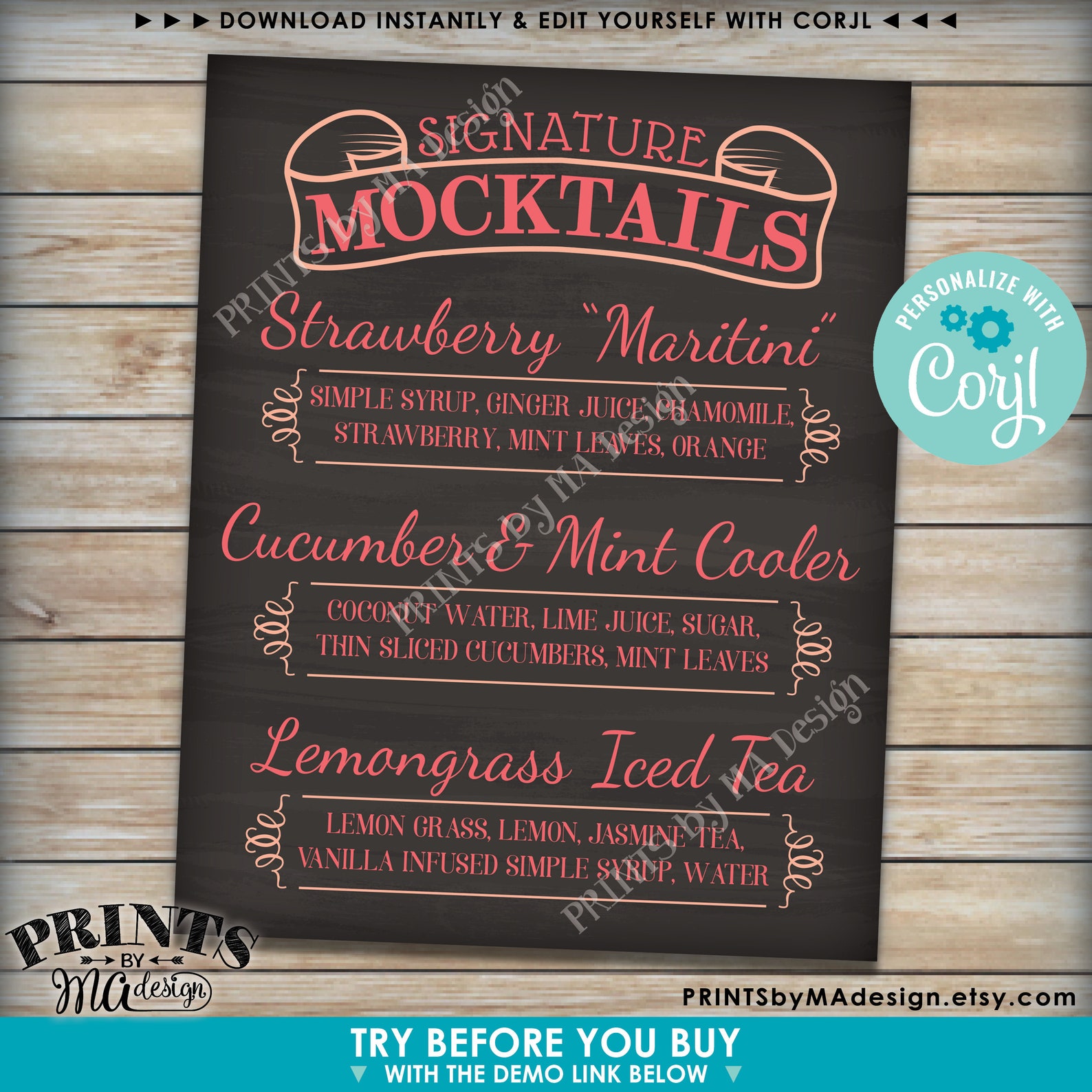 Signature Mocktails Sign 3 Non-alcoholic Beverages Custom - Etsy