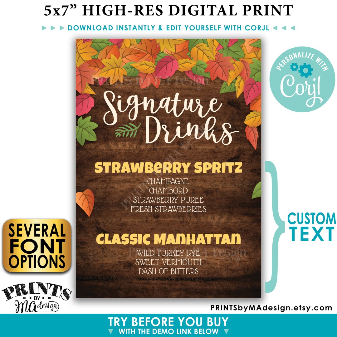 Fall Signature Drinks Sign, Autumn Wedding, Cocktails Menu ...