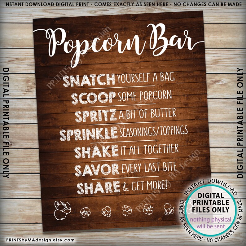 Popcorn Bar Sign Popcorn Toppings Popcorn Bar Directions - Etsy
