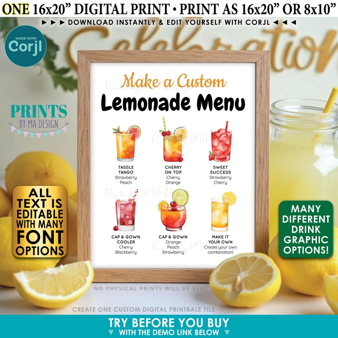 Editable Lemonade Menu Sign, DIY Signature Drink Station, Cocktails ...