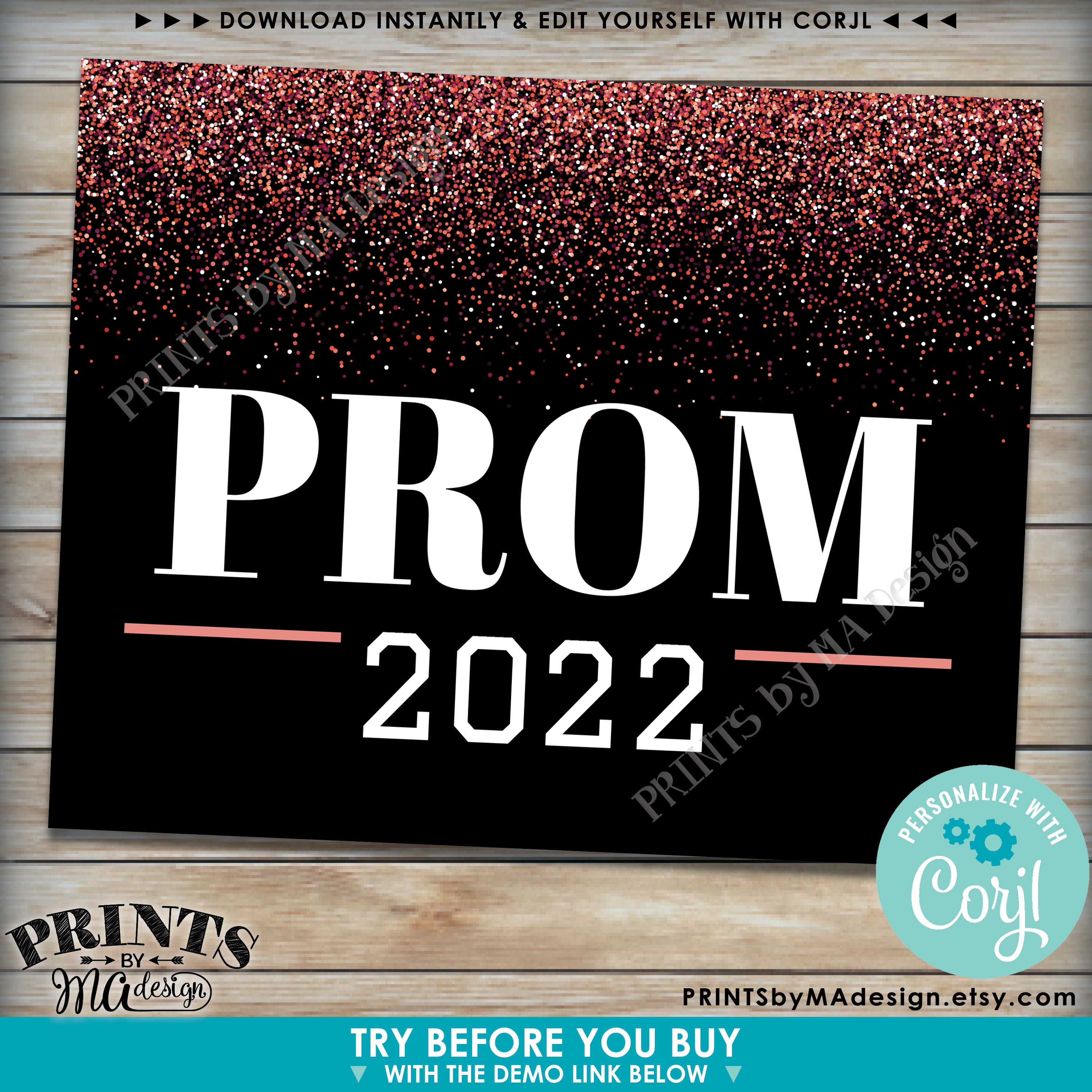 Prom Sign, Custom Year & Background Color, Rose Gold Glitter, PRINTABLE ...