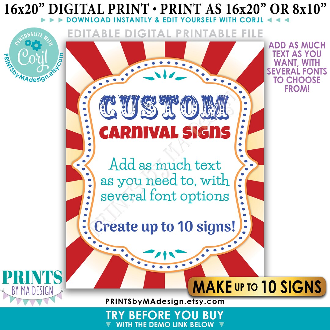 Editable Carnival Signs, Circus Theme Birthday Party, Make up to 10 ...