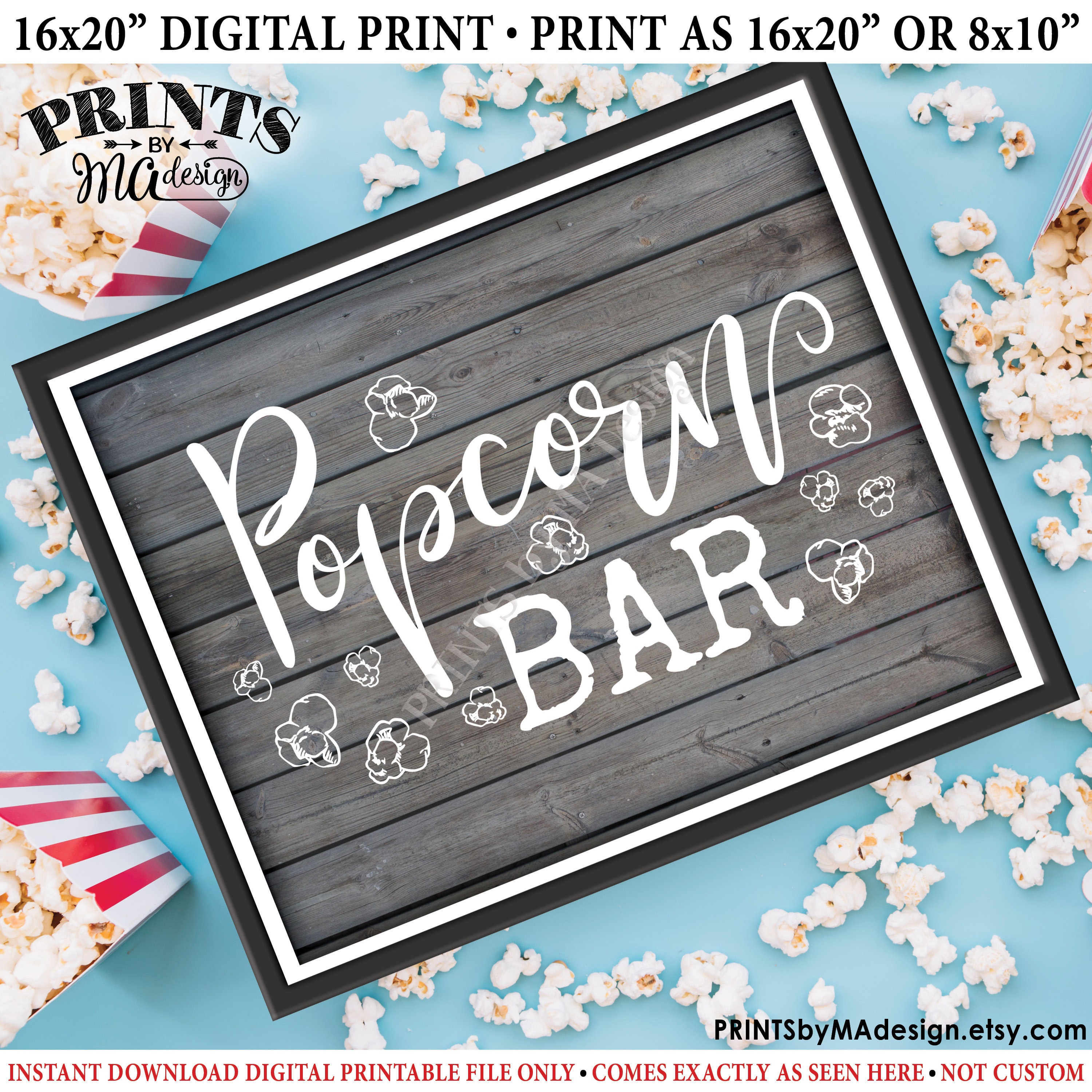 Popcorn Bar Sign PRINTABLE 8x10/16x20 Gray Rustic Wood Style - Etsy