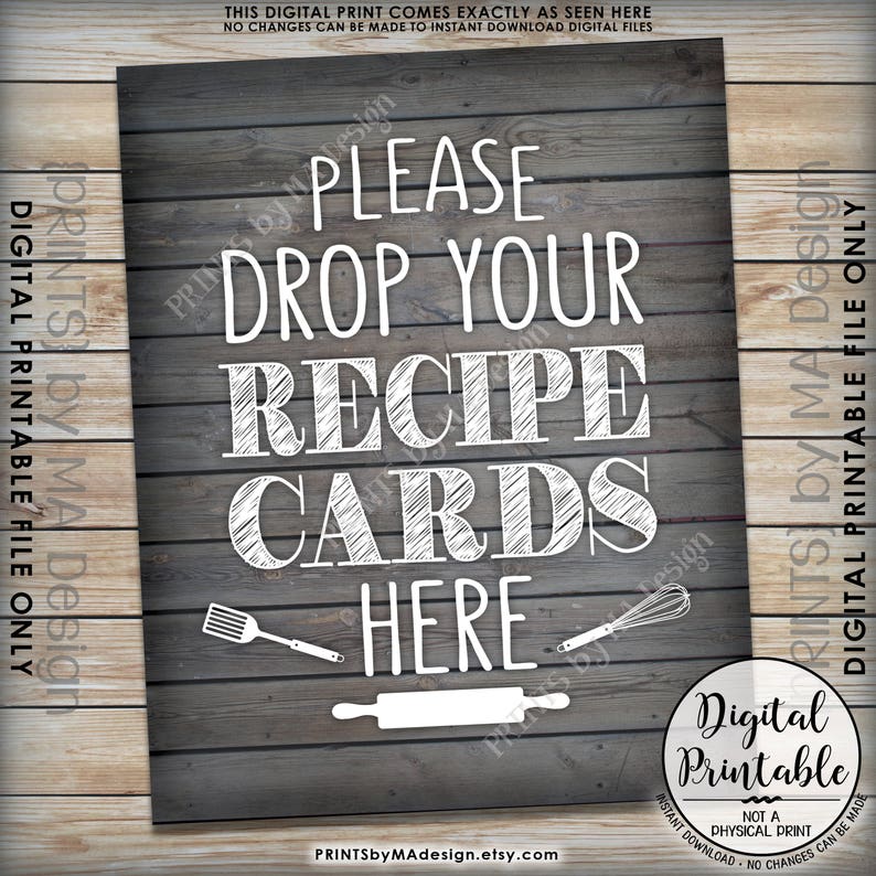 Drop Your Recipe Card Here Sign, Recipe Card Drop-off, Bridal Shower ...