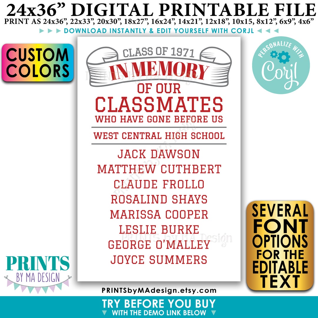 Reunion Memorial, in Memory of the Classmates Who Have Gone Before Us ...