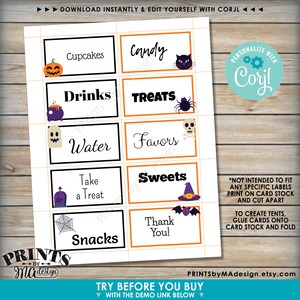 Halloween Place Cards, Buffet Food Signs, One PRINTABLE 8.5x11" Sheet ...
