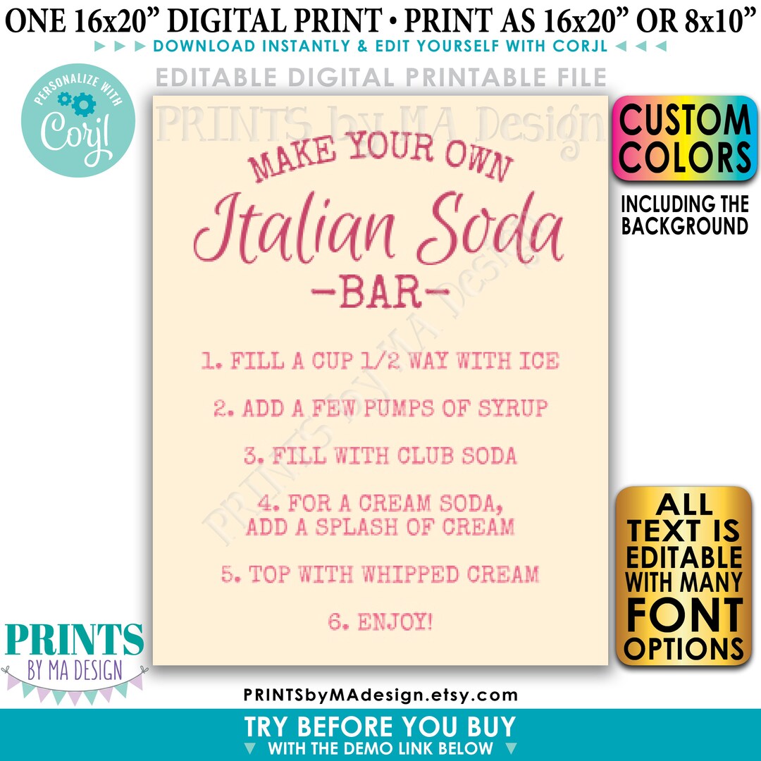 Editable Italian Soda Bar Sign, Make Your Own Cream Soda, One PRINTABLE ...