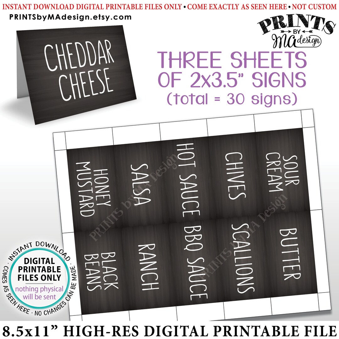 Baked Potato Bar Labels, Mini Menu Toppings Signs, PRINTABLE 8.5x11 ...