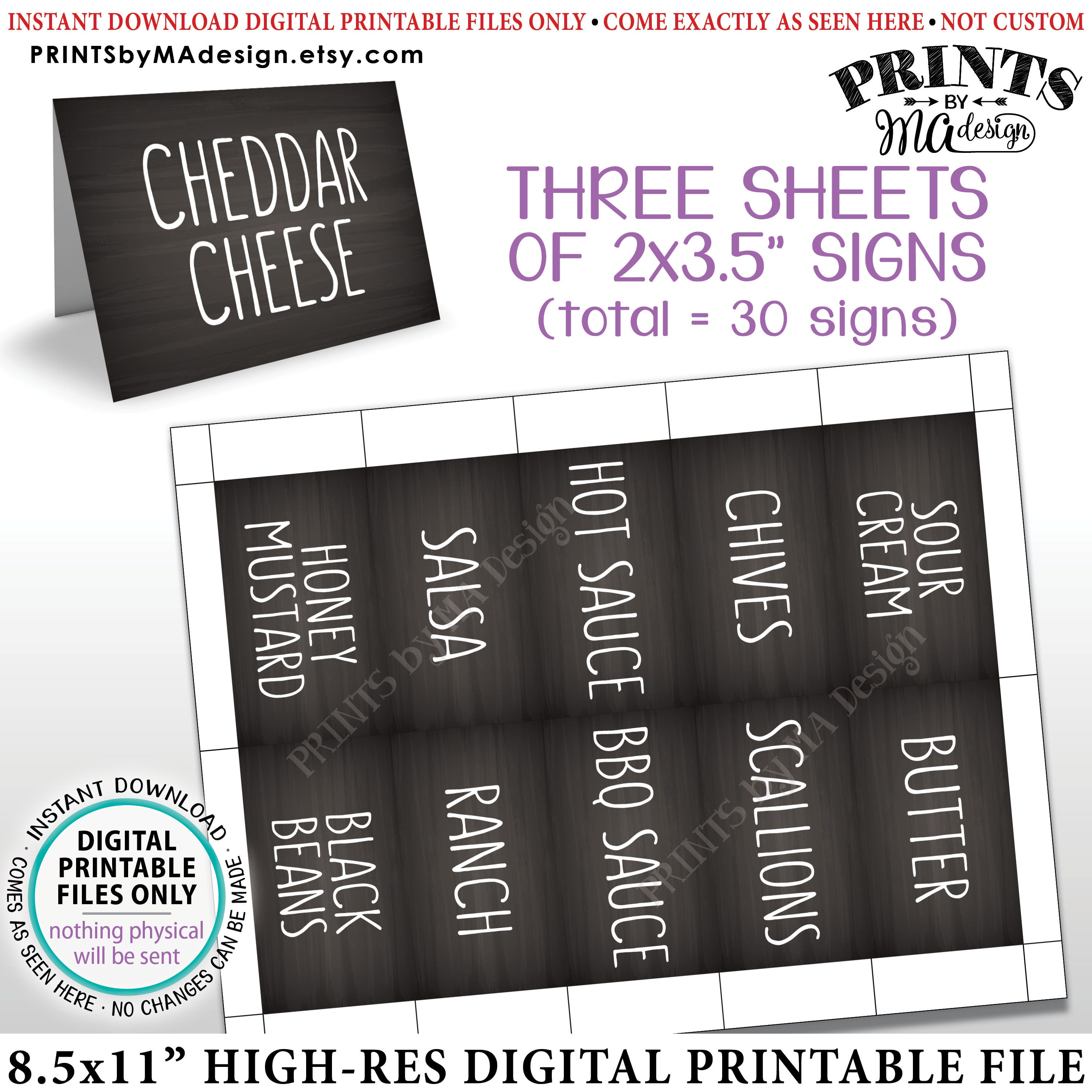 Baked Potato Bar Labels Mini Menu Toppings Signs PRINTABLE 8 5x11 