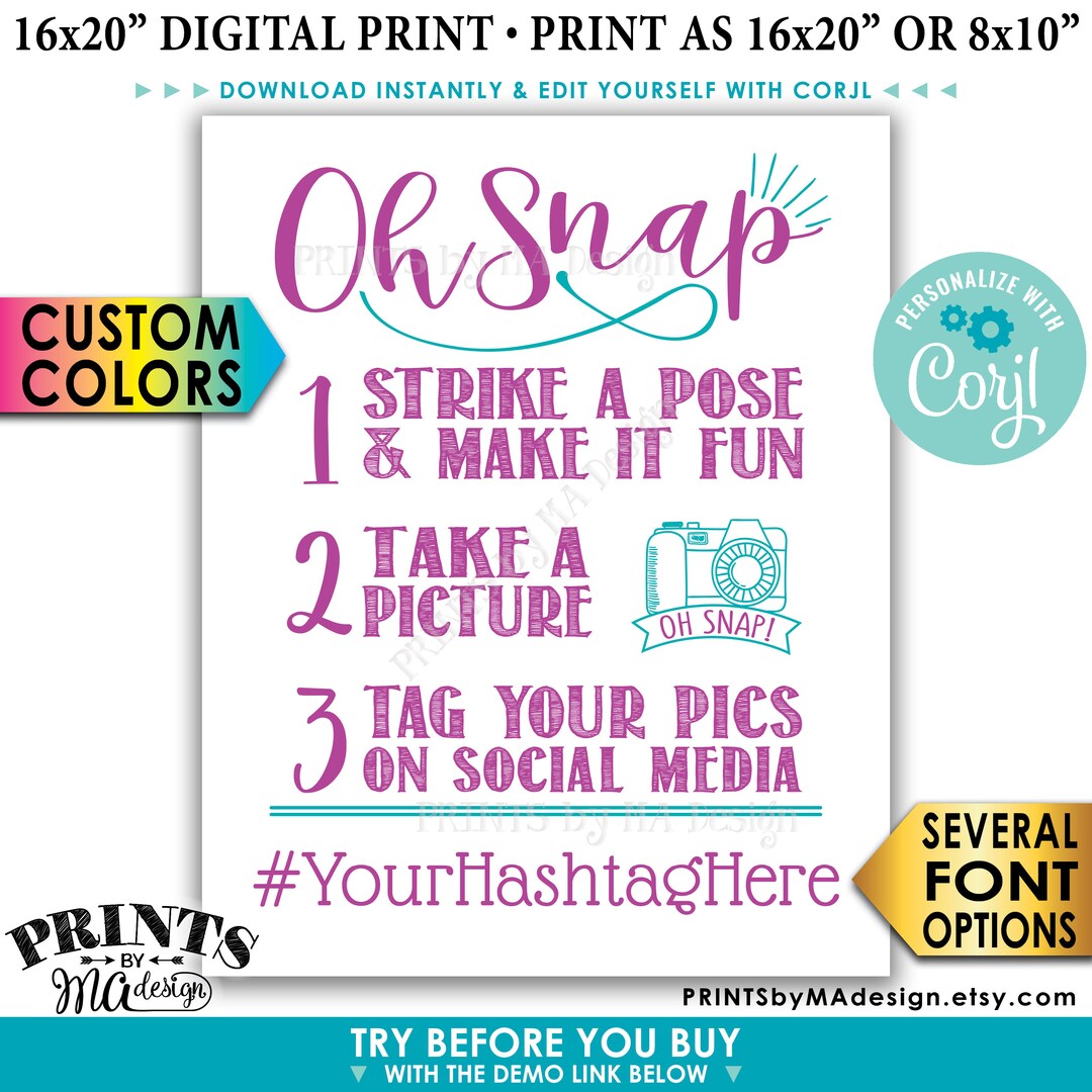 Oh Snap Hashtag Sign, Share Photos on Social Media, PRINTABLE 8x10 ...