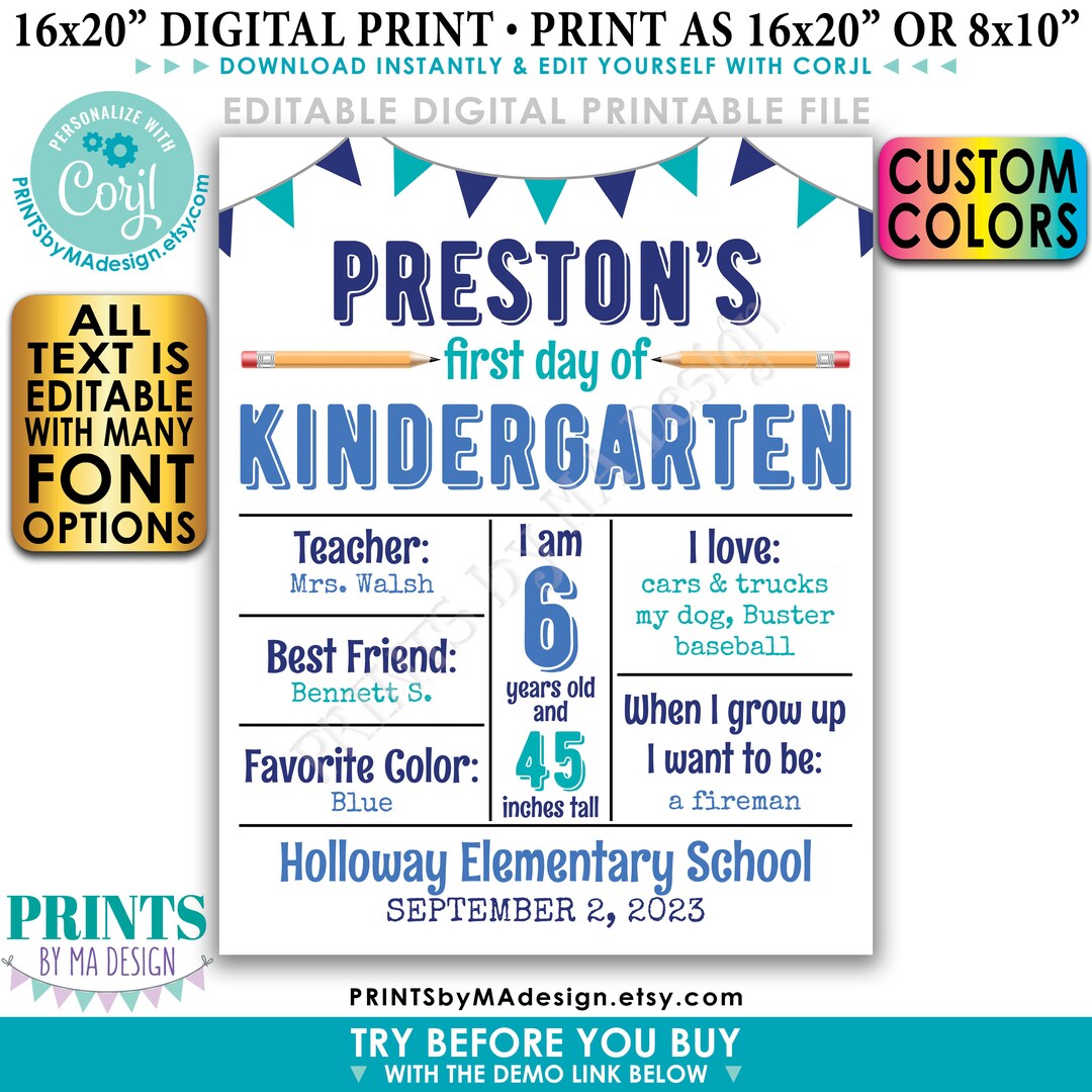 Editable 1st Day of School Sign, Custom First Day, PRINTABLE 8x10/16x20 ...