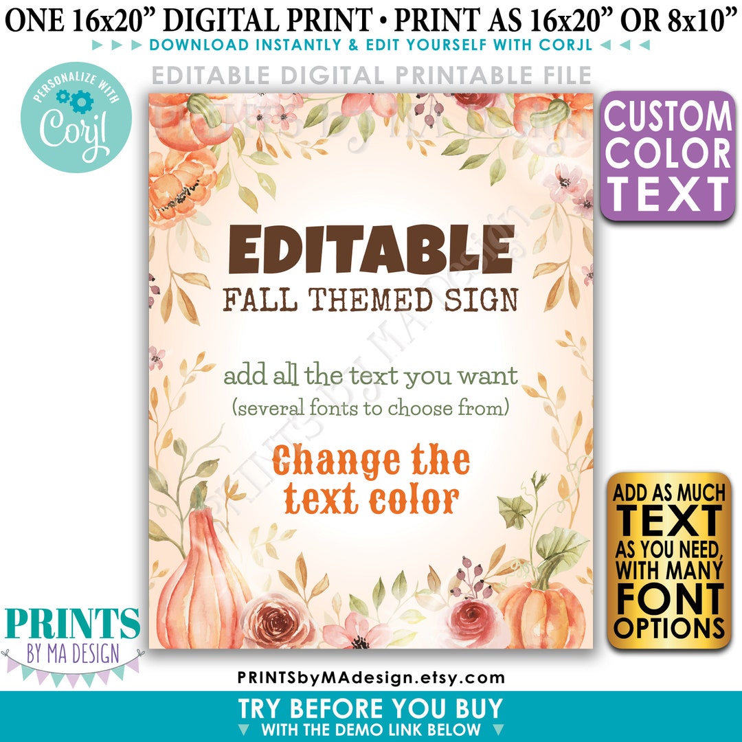 Editable Fall Theme Portrait Sign, Choose Your Text, Create One Custom ...