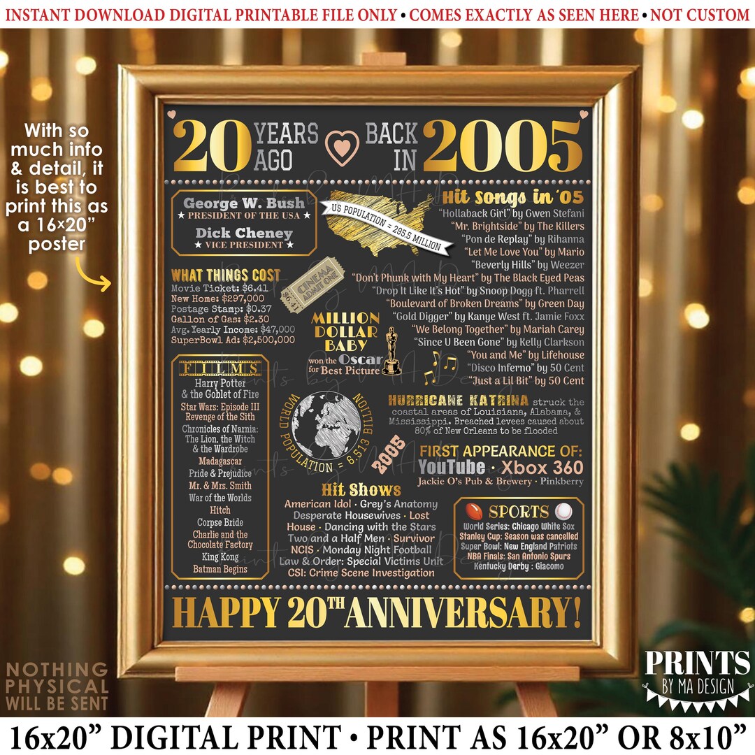 20th Anniversary Poster Board, Back in 2005 Flashback 20 Years, Married ...