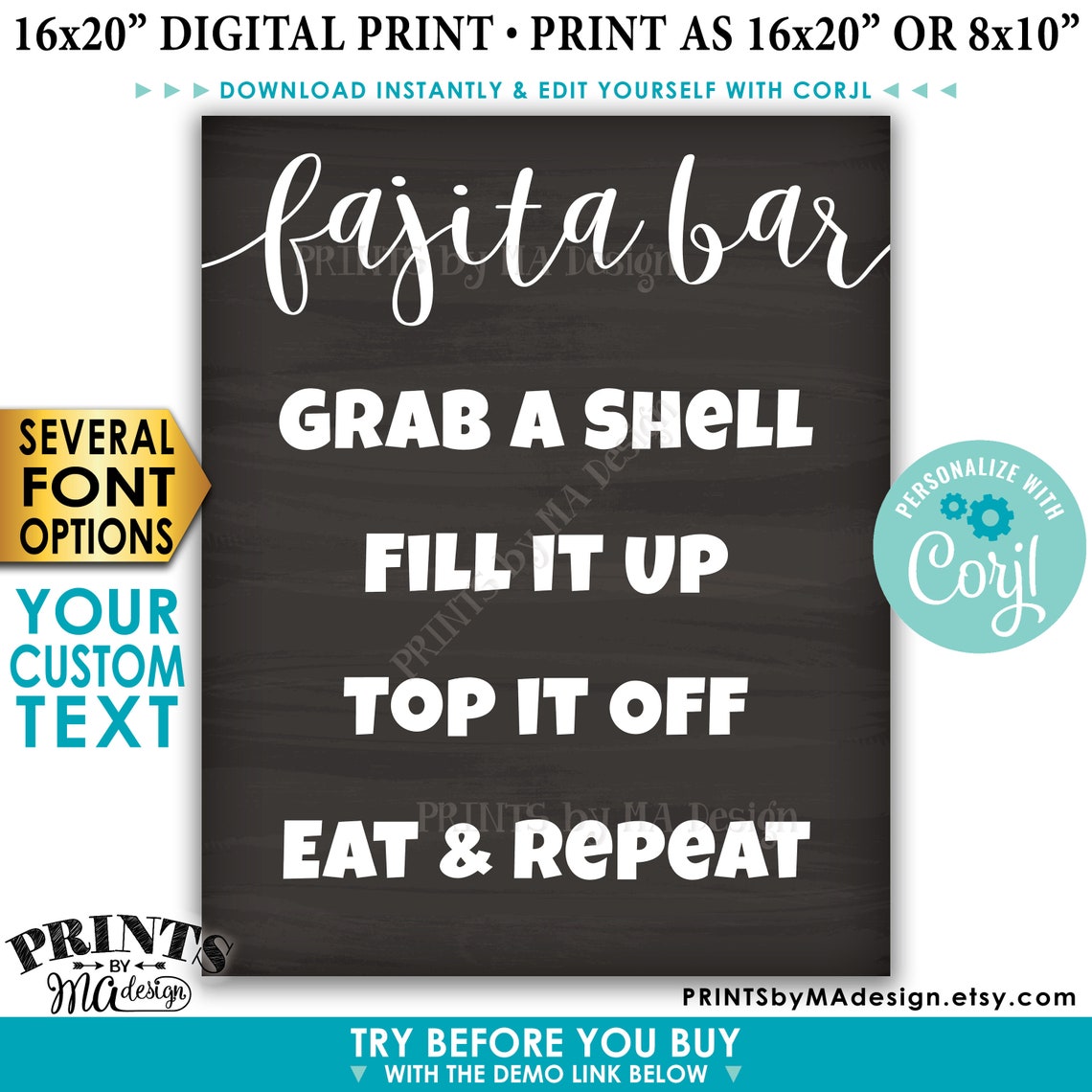 Fajita Bar Menu Sign, Fiesta Party Menu, Custom PRINTABLE 8x10/16x20 ...