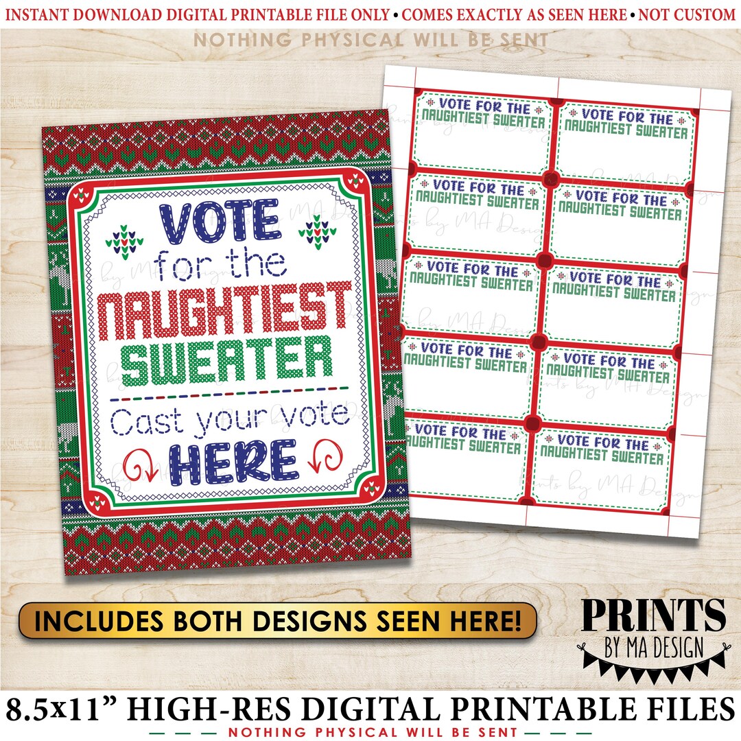Naughtiest Sweater Voting Sign and Ballots, Ugly Christmas Sweater ...