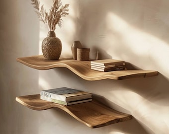 Wavy Shelf Live Edge Floating Shelves Solid Wood Wall Bookshelf Unique ...