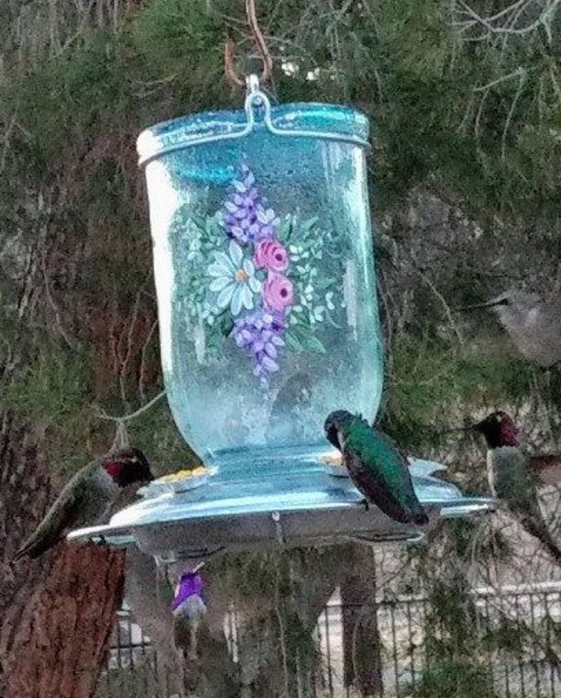 Glass Aqua Mason Jar Hummingbird Feeder. 5 Feeding Ports. Hand Painted ...