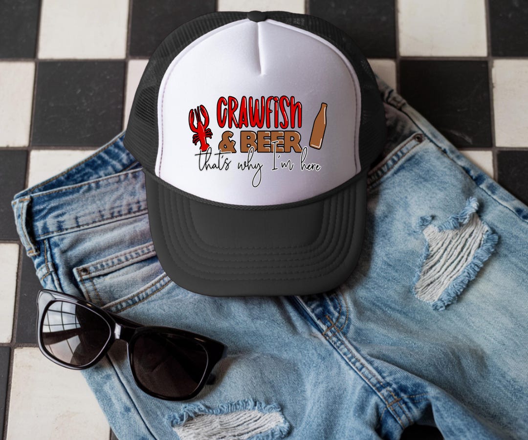 Crawfish and Beer Trucker Hat – Cajun Cap Black Red Southern Graphic ...