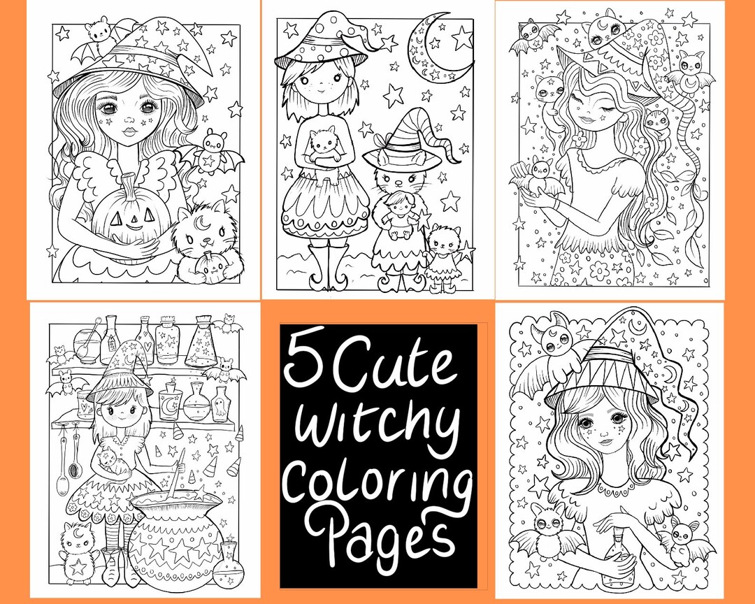 Digital Download 5 Cute Witchy Coloring Pages, Witches, Halloween, Cute ...