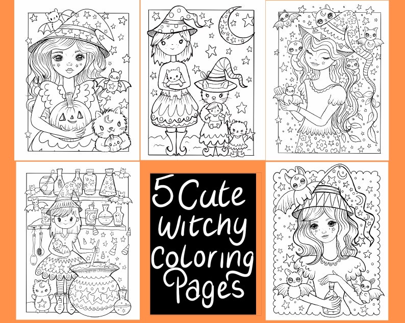 Digital Download 5 Cute Witchy Coloring Pages, Witches, Halloween, Cute ...