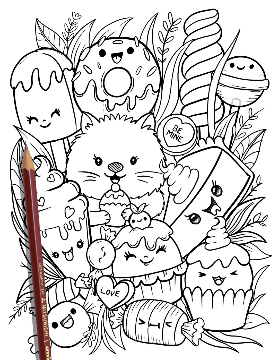 PRINTABLE Cute Kitty Cats Coloring Page, Hand-drawn Coloring Sheet, Cat ...