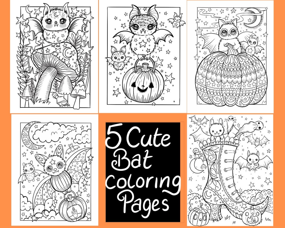 Digital Download 5 Cute Bats Coloring Pages, Bats, Cute Halloween ...