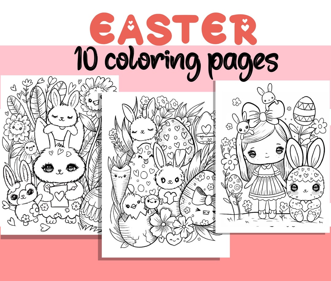10 Page PRINTABLE Cute Easter Coloring Book, Hand-drawn Coloring Sheet ...