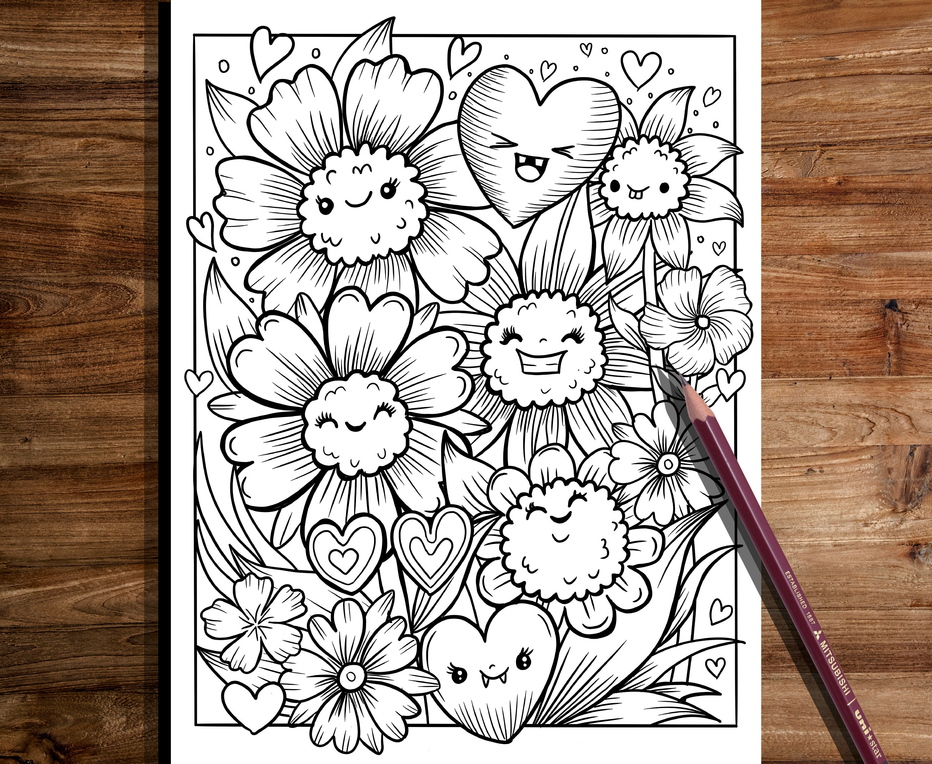 PRINTABLE Cute Flowers Coloring Page Hand-drawn Coloring - Etsy UK