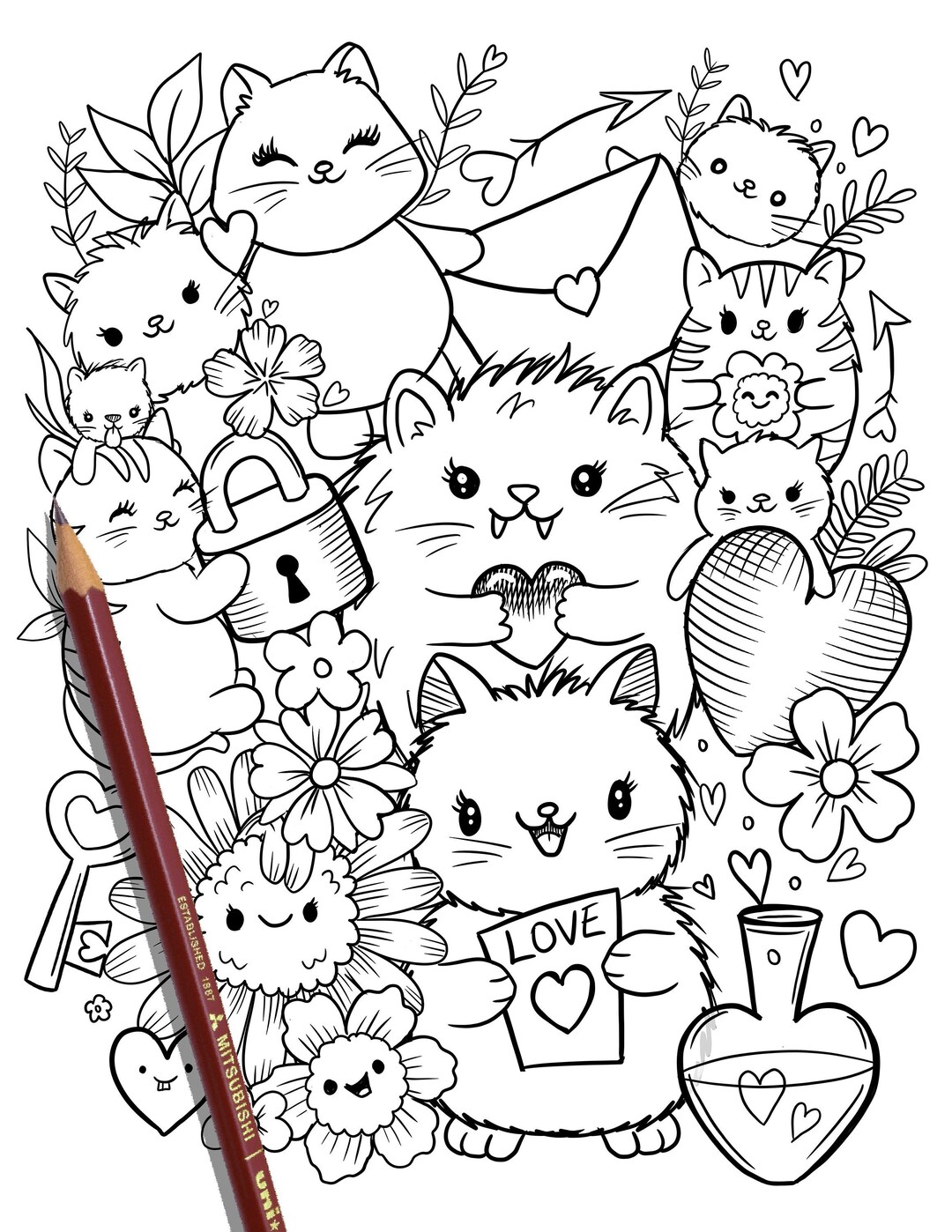 PRINTABLE Cute Kitty Cats Coloring Page, Hand-drawn Coloring Sheet, Cat ...