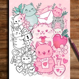 PRINTABLE Cute Kitty Cats Coloring Page, Hand-drawn Coloring Sheet, Cat ...