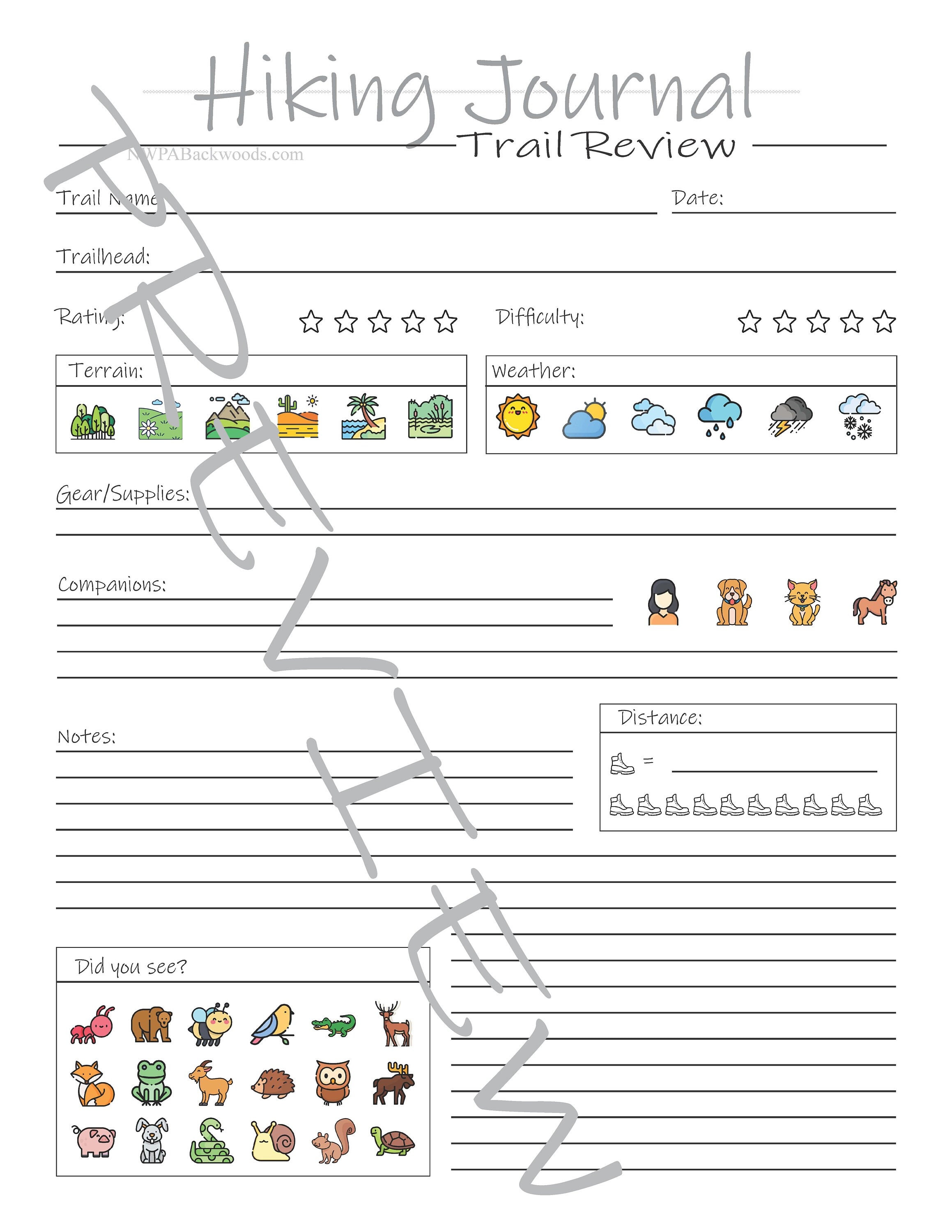 Hiking Journal Printable Pages - Trail Log, Trail Review, 100 Mile Goal ...