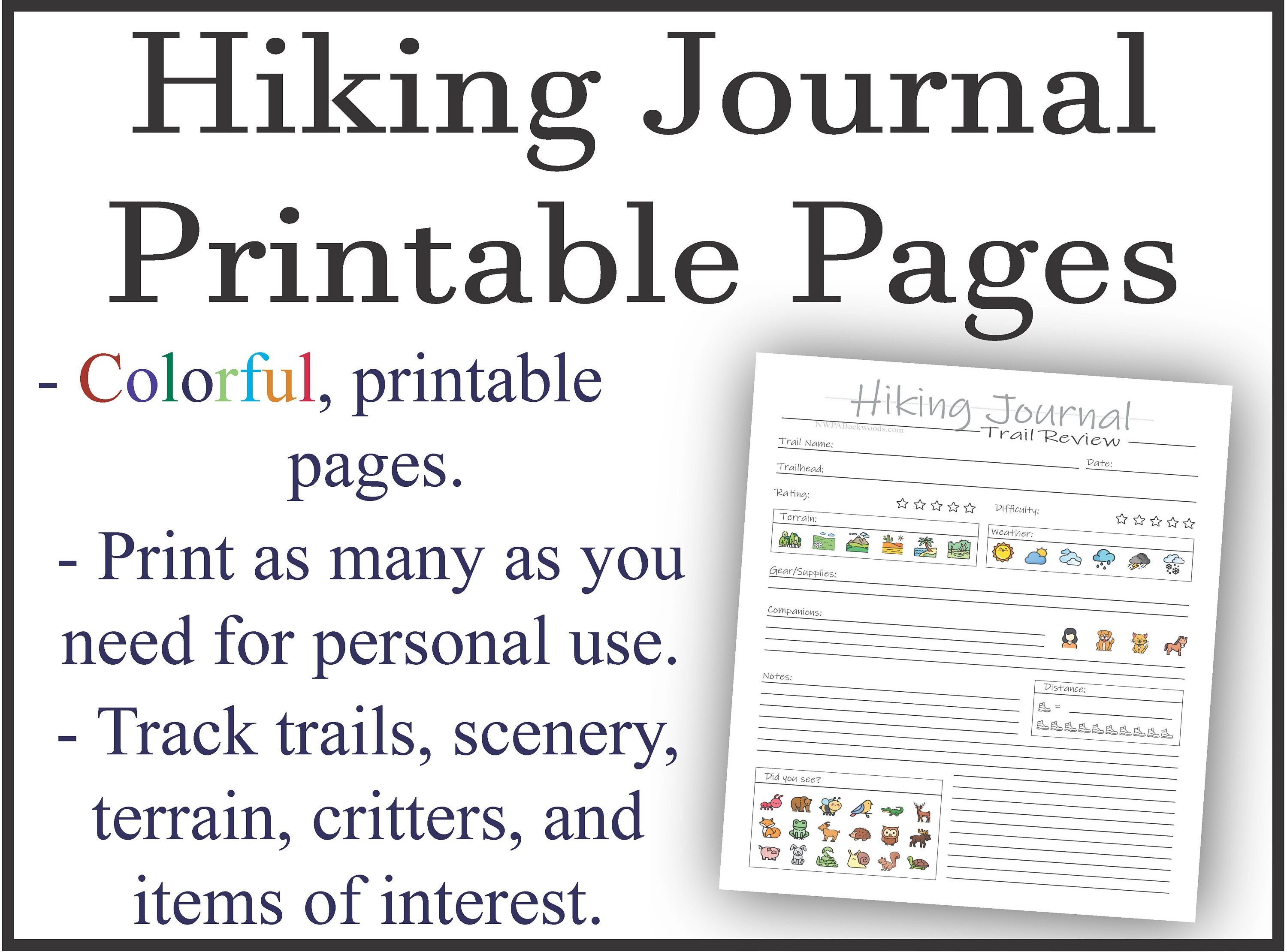 Hiking Journal Printable Pages - Trail Log, Trail Review, 100 Mile Goal ...