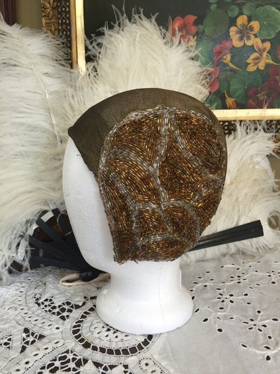 1920's Metallic Mesh and Hand Beaded Skull Cap - Gem