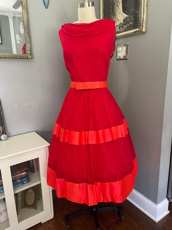 1950s Color Block Chiffon Dress Red - Gem