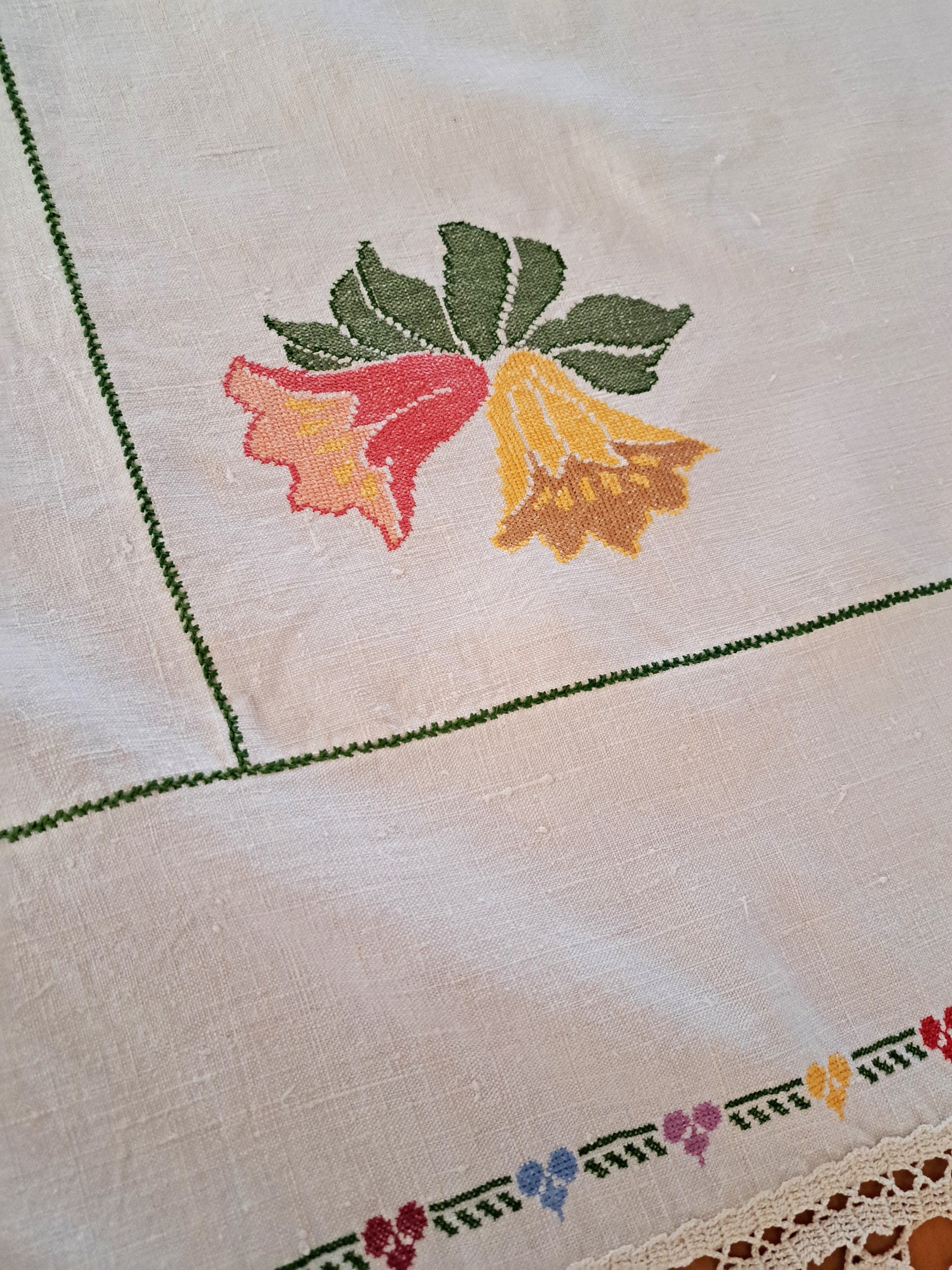 Antique Hand Embroidered Linen Tablecloth: Floral Cross Stitch ...