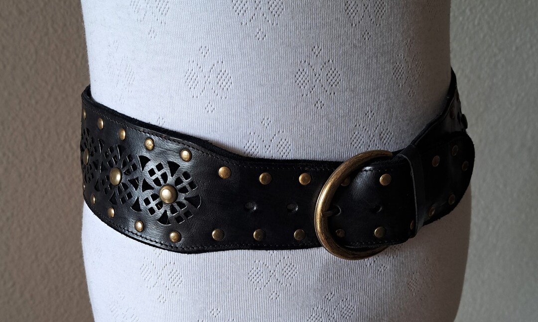 Vintage Cut Out Women's Belt, Black Leather and Suede Belt, Wide ...