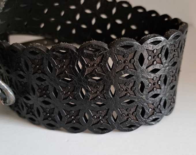 Women's Embossed Cut Out Genuine Leather Belt, Wide Double Buckle Black ...