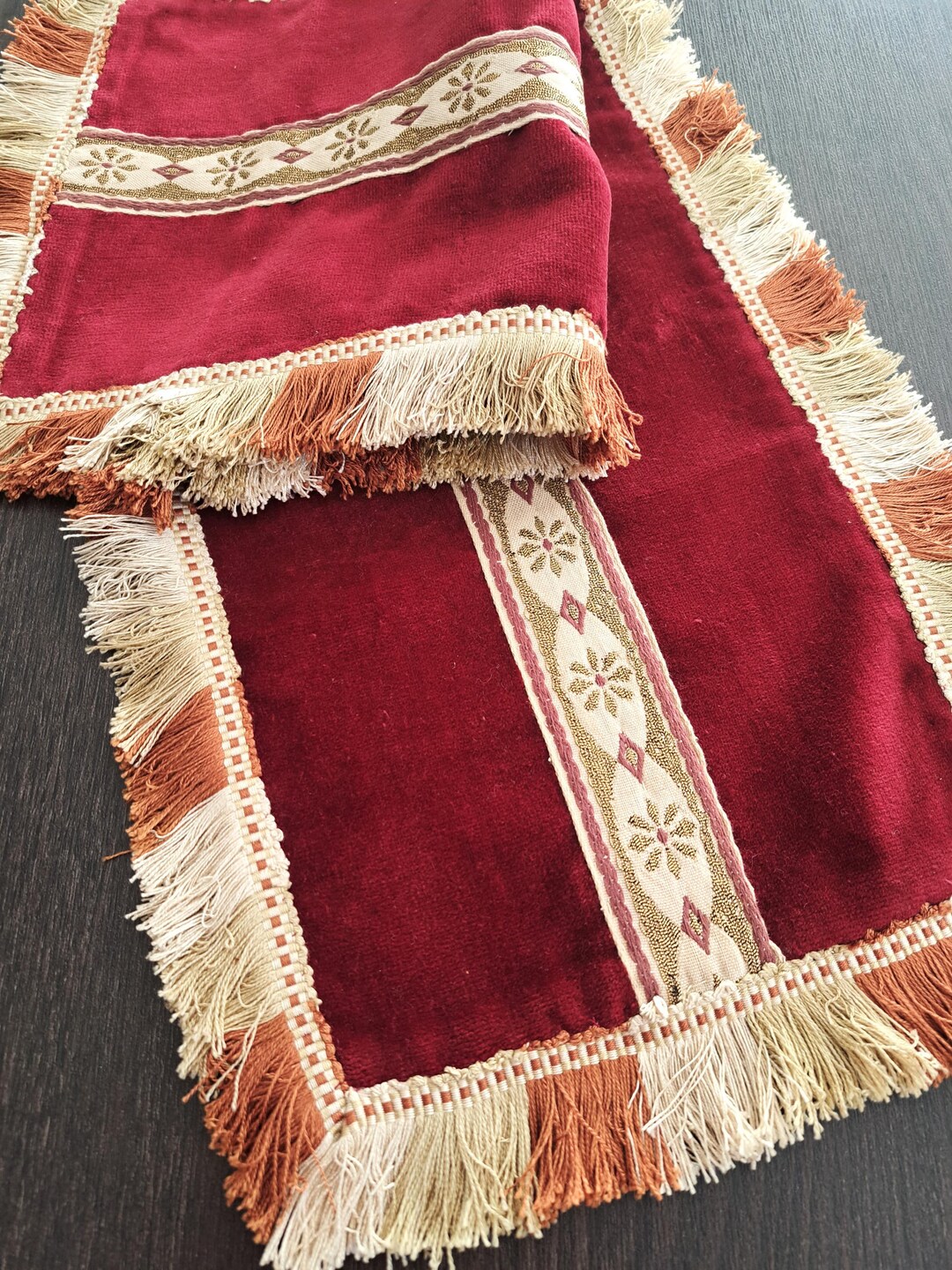 Antique Velvet Table Runner Burgundy/beige With Fringe Velour ...
