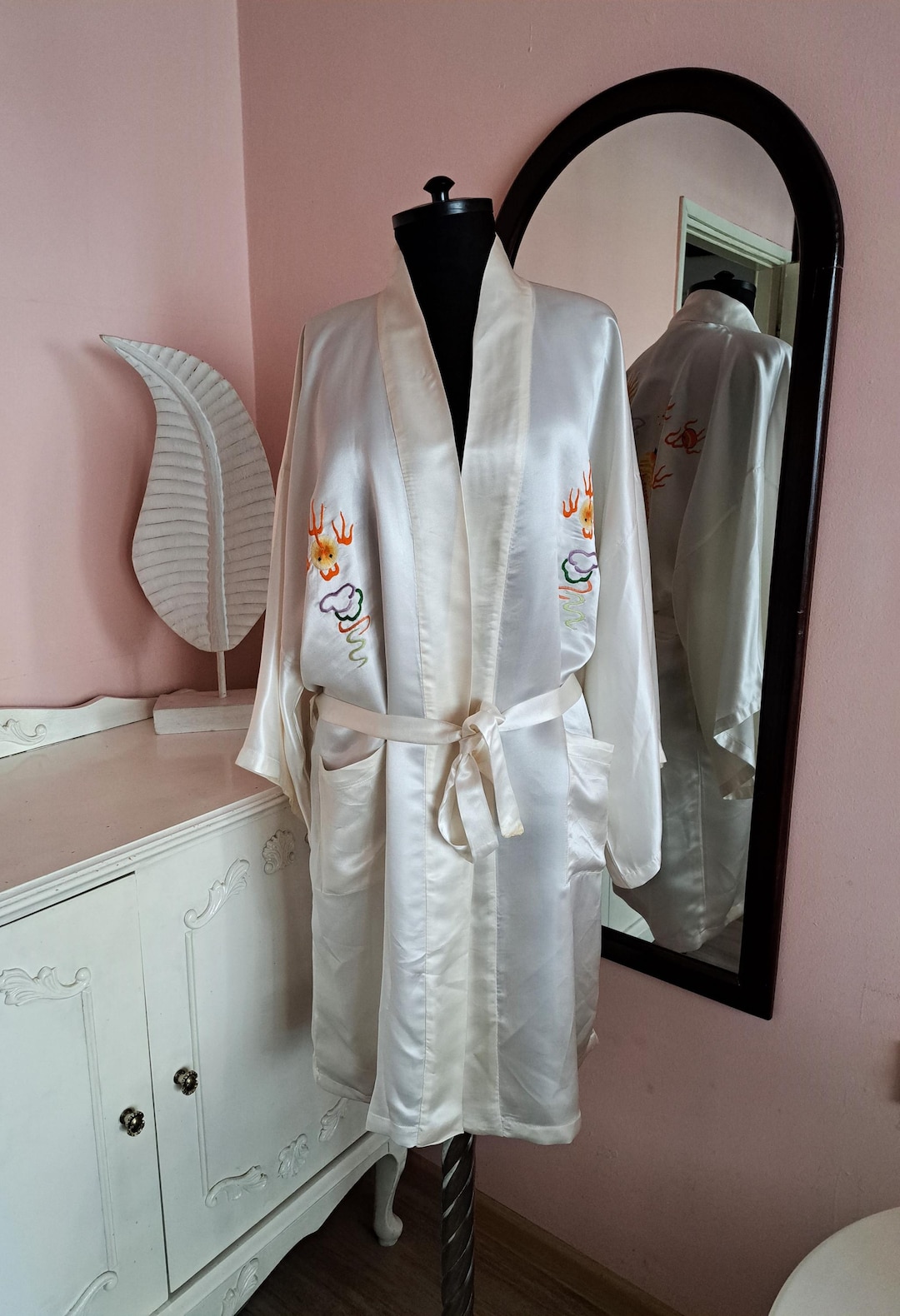Vintage Hand Embroidered Dragon Robe Golden Dragon Chinese White Silk ...