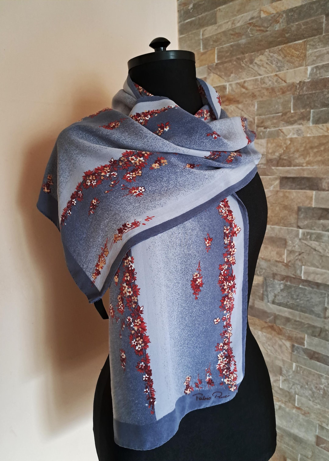 Vintage Silk Scarf Fabio Pucci Gray Burgundy Beige Floral Design Oblong ...