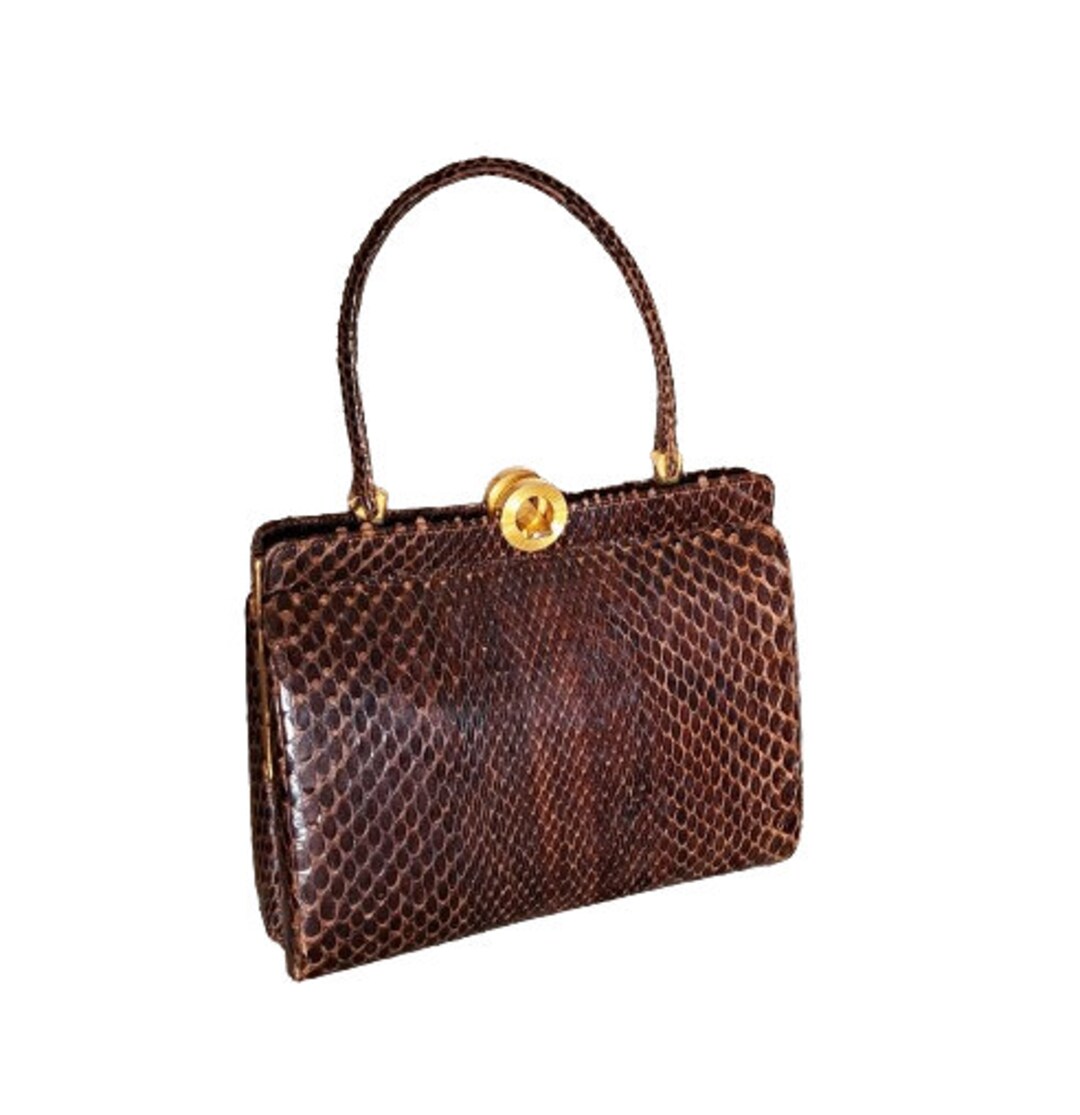 Vintage 1940s Brown Snakeckin Bag Top Handle Gold Tone Metal Framed ...