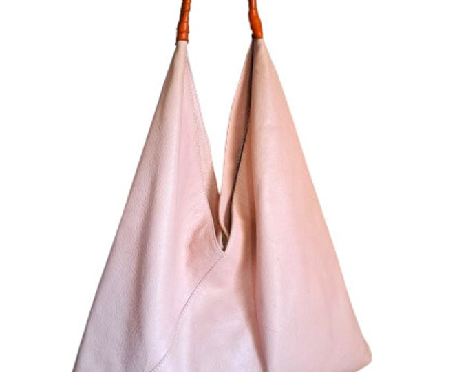 Oversized Pale Pink Shoulder Bag, Genuine Leather Handbag, Top Handle ...