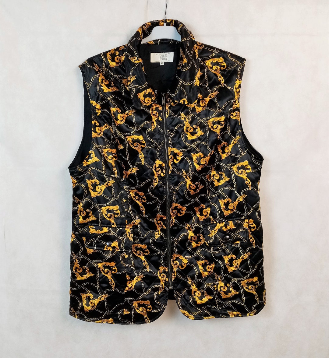 Vintage 90s Black Gold Baroque Print Vest, Quilted Silk Waistcoat, Alba ...