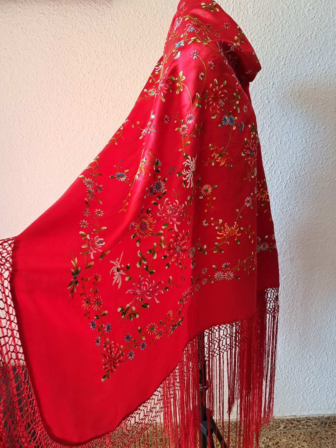 Vintage Red Fringed Shawl With Floral Hand Embroidery, Spanish Manila ...